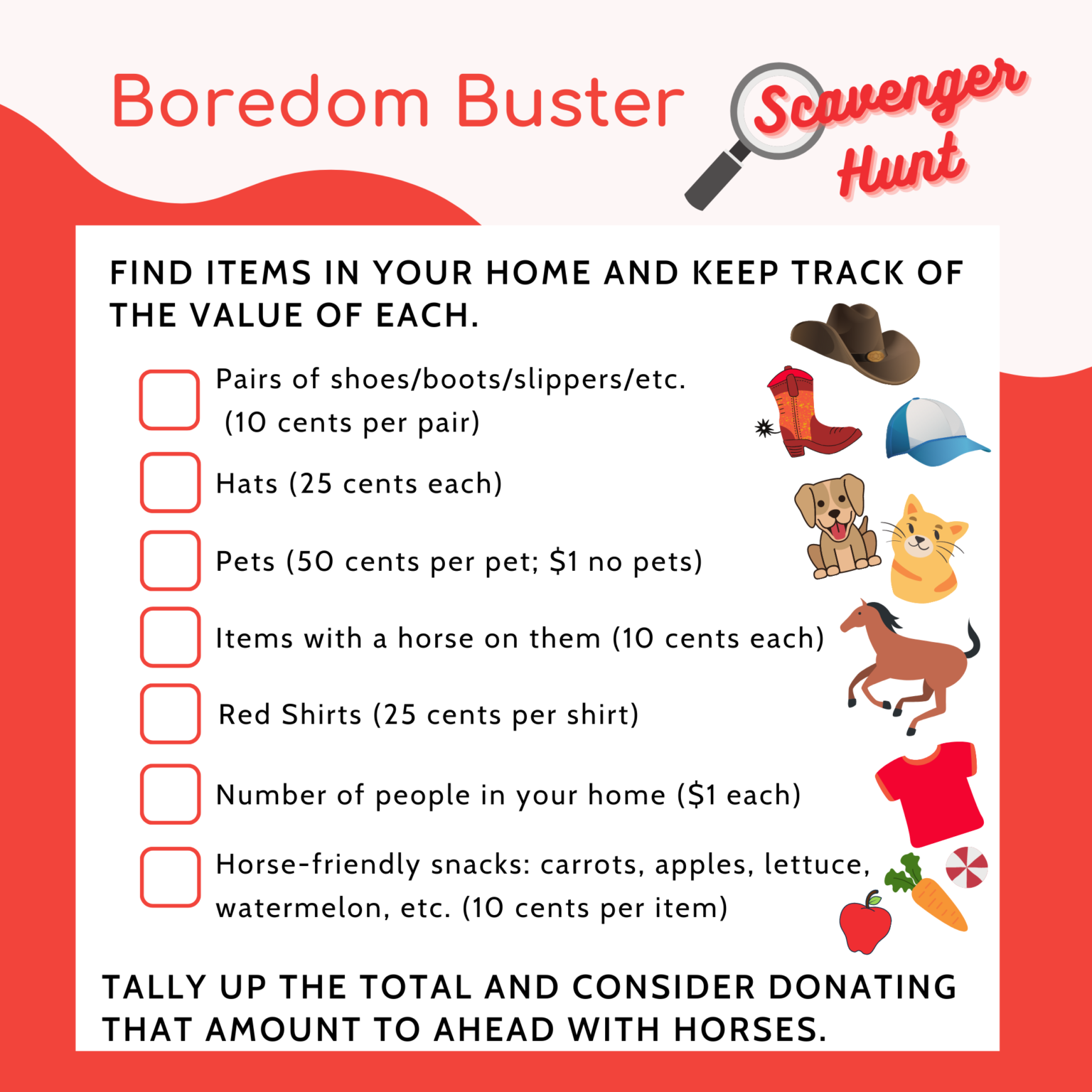 Boredom Buster Scavenger Hunt Fundraiser – AHEAD With Horses